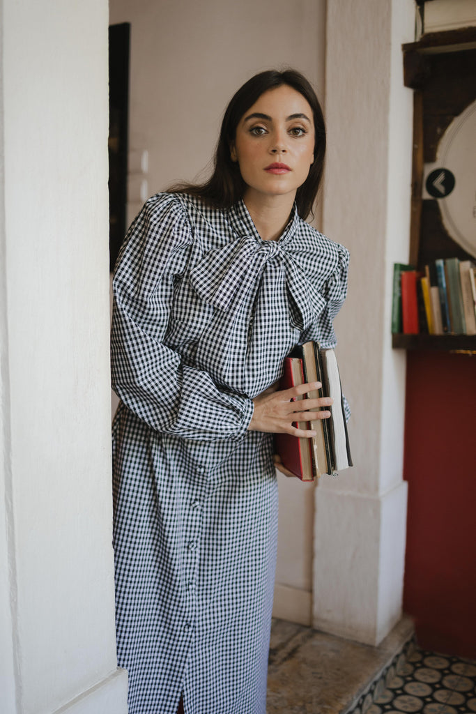 Gingham Palace Rose buttoned down dress - black gingham